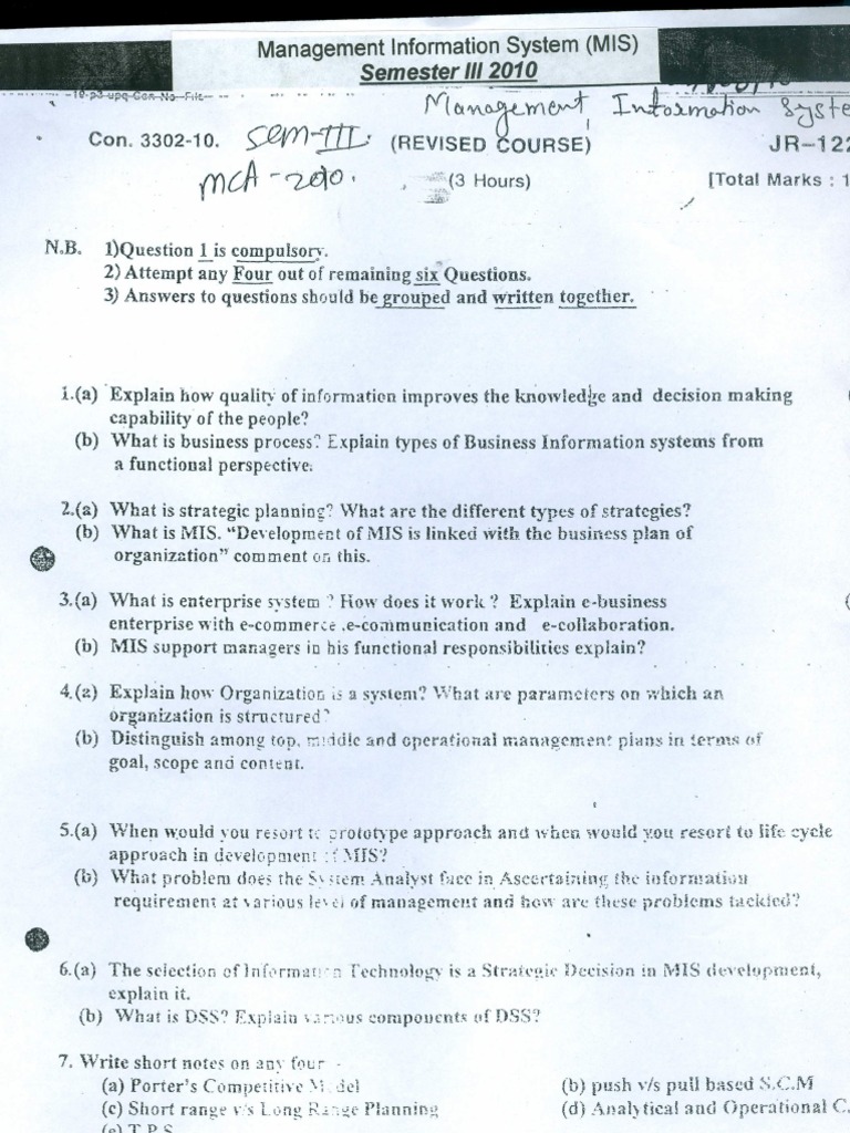 MCA Sem 3 MIS Question Paper 2010 | PDF