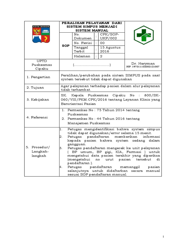 SOP Peralihan Sistem Dari Sistem Simpus Menjadi Sistem Manual Final | PDF