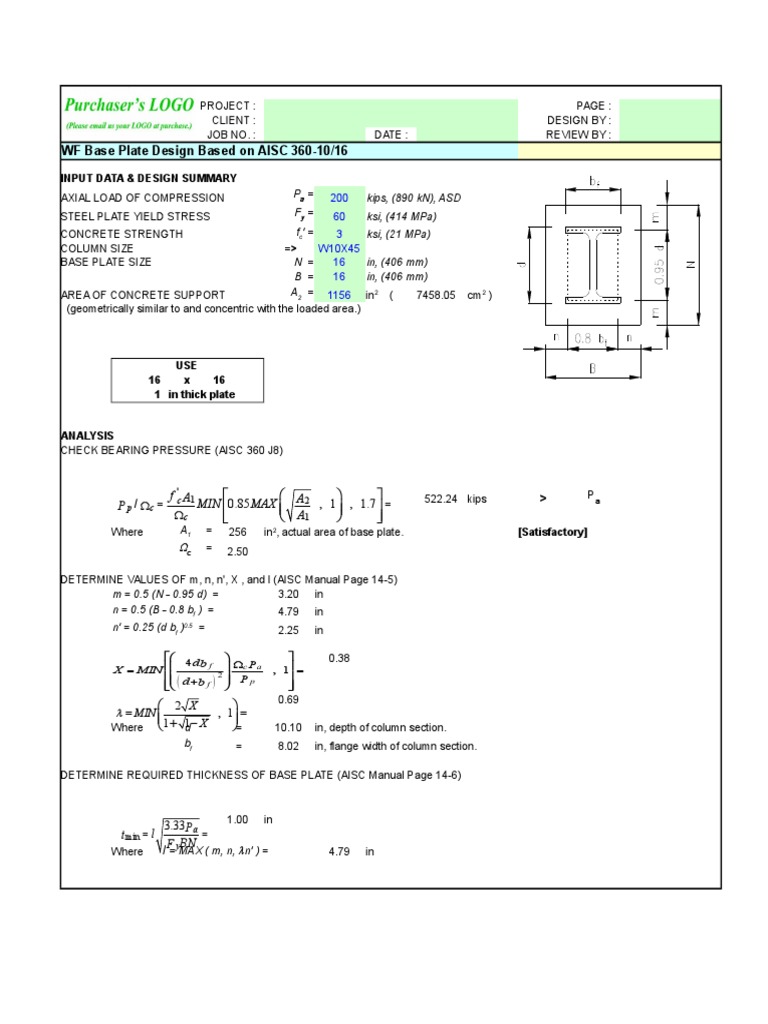 WF Base Plate Design Based On AISC 360-10/16 | PDF | Civil Engineering ...