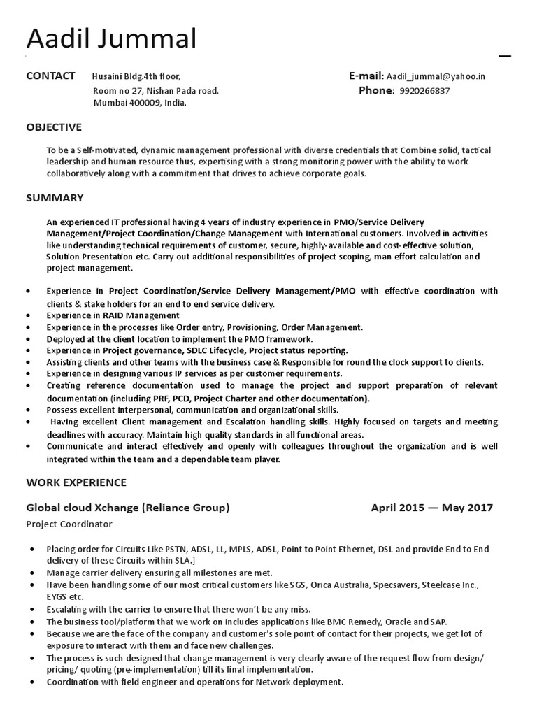 Aadil Resume PMO | PDF | Project Management | Itil