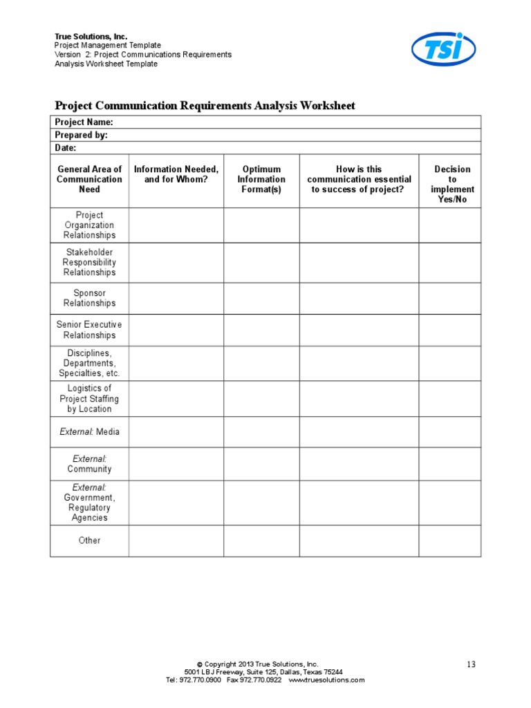 CR-2 Communication Requirements Analysis Worksheet | PDF