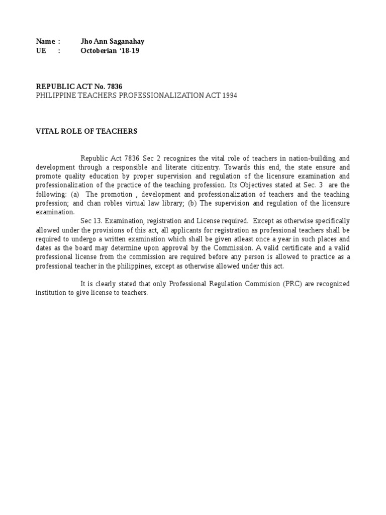 Philippine Teachers Professionalization Act | PDF
