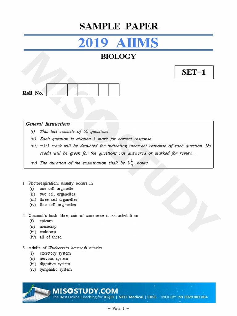 AIIMS 2019 Biology Sample Question Paper | PDF | Photosynthesis | Biology