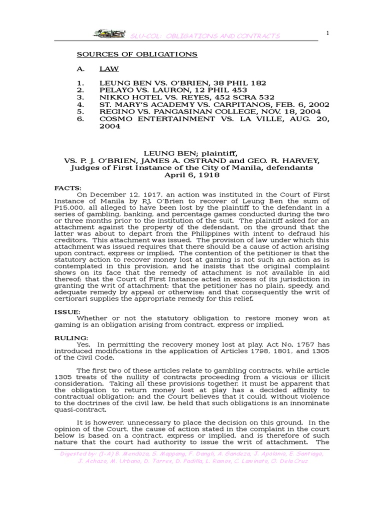 ObliCon Case Digest 1 | PDF | Tort | Lease