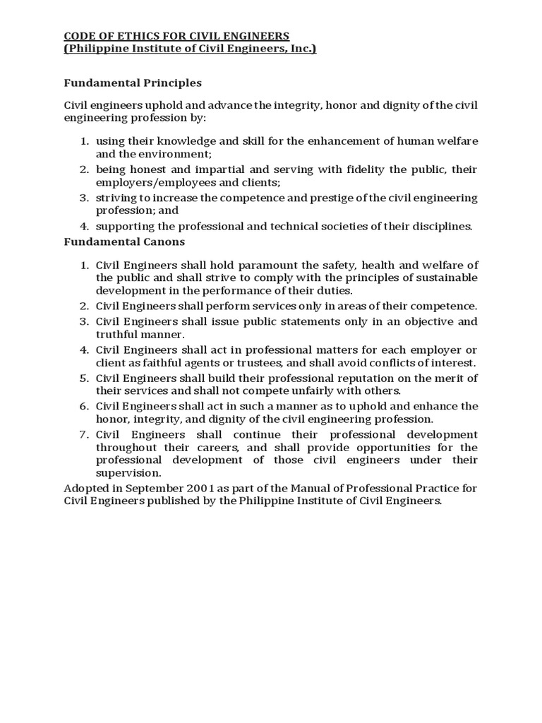 Code of Ethics For Civil Engineers (Philippine Institute of Civil ...