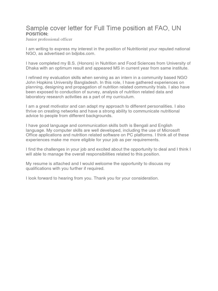 Sample Cover Letter For Full Time Position at FAO | PDF
