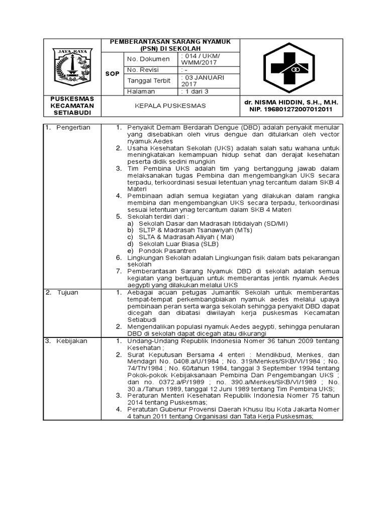 SOP Pemberantasan Sarang Nyamuk (PSN) Di Sekolah Aro | PDF