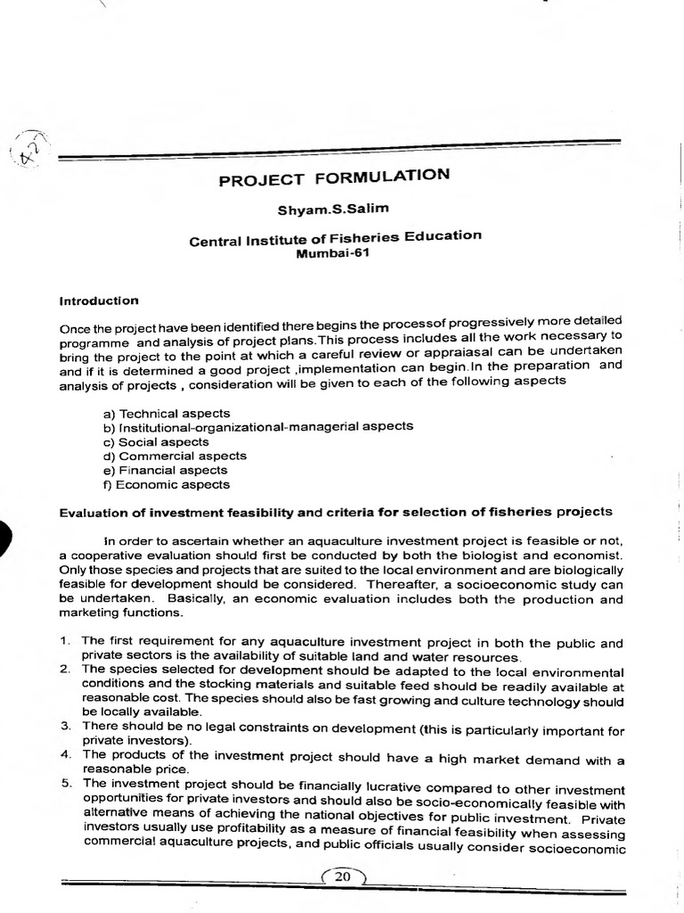 Project Formulation: Central in Stitu Te o F F Isheries E Ducation ...
