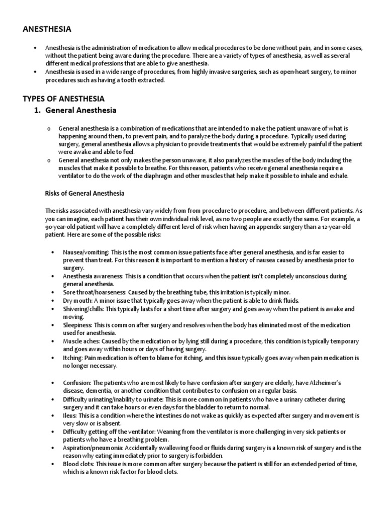 Anesthesia: Risks of General Anesthesia | PDF | Anesthesia | Surgery
