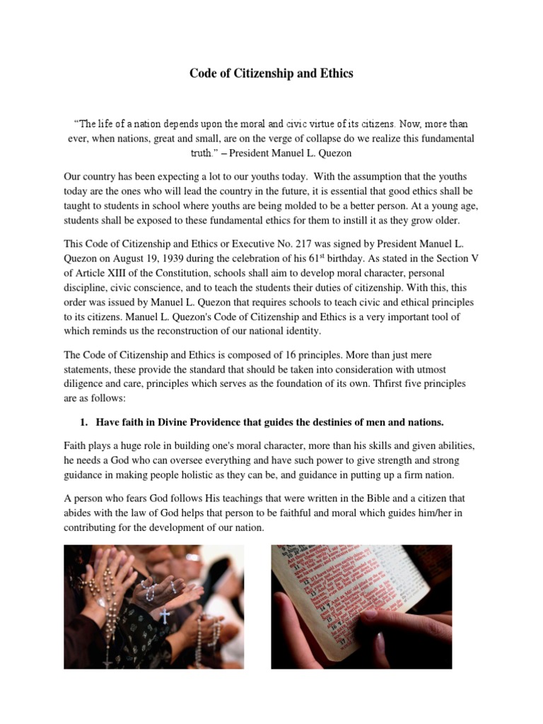 Code of Citizenship and Ethics: 1. Have Faith in Divine Providence That ...