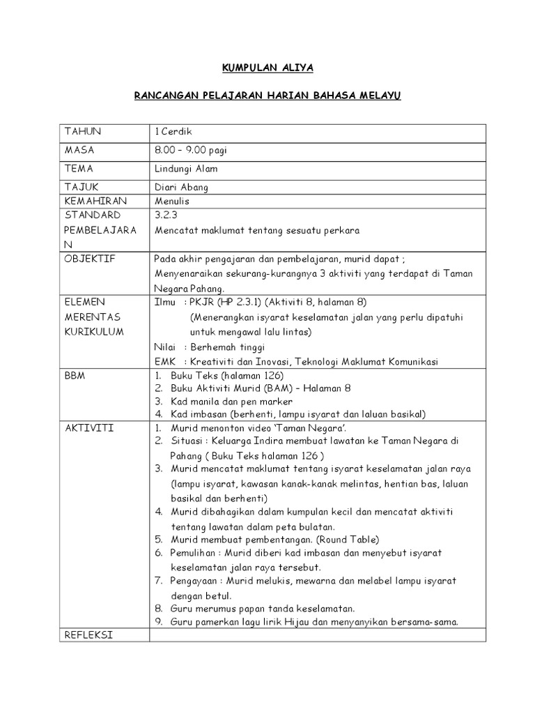 Contoh RPH PKJR Bahasa Melayu Tahun 1 | PDF