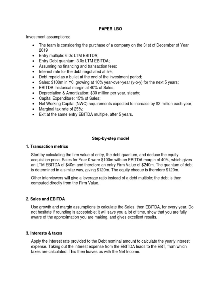 Paper LBO | PDF | Earnings Before Interest | Leveraged Buyout