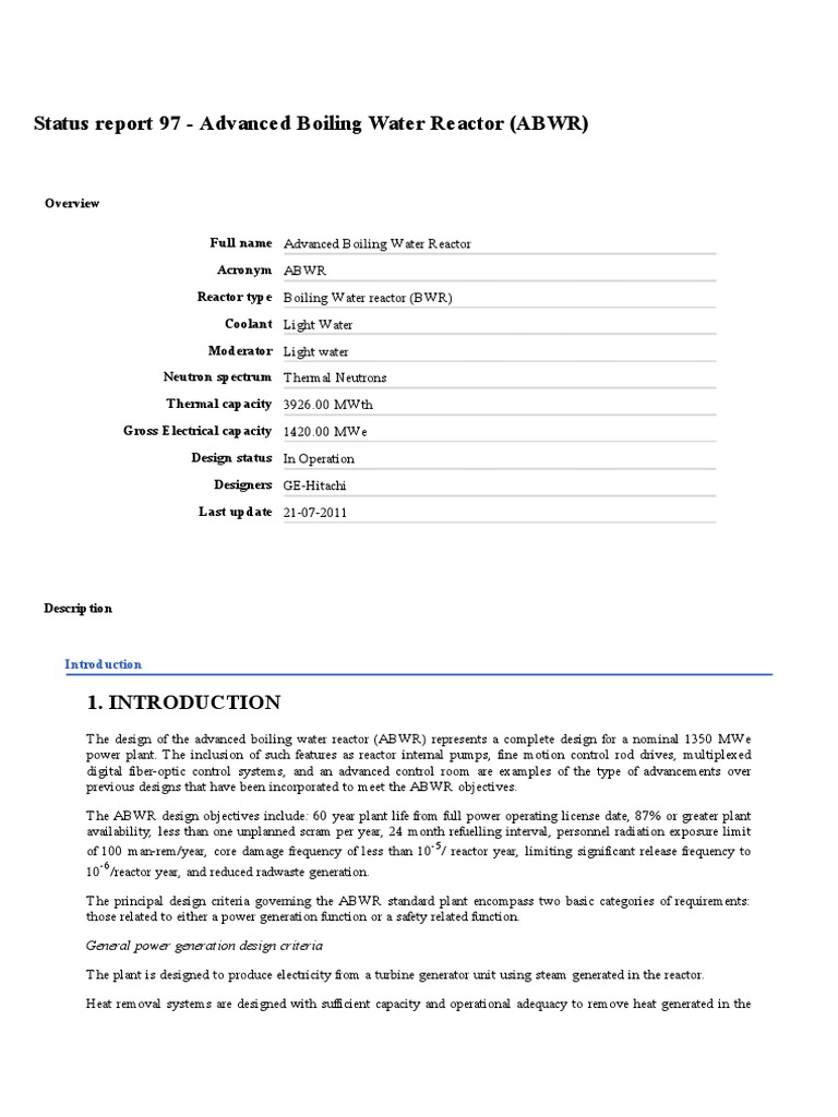 Status Report 97 - Advanced Boiling Water Reactor (ABWR) : General ...