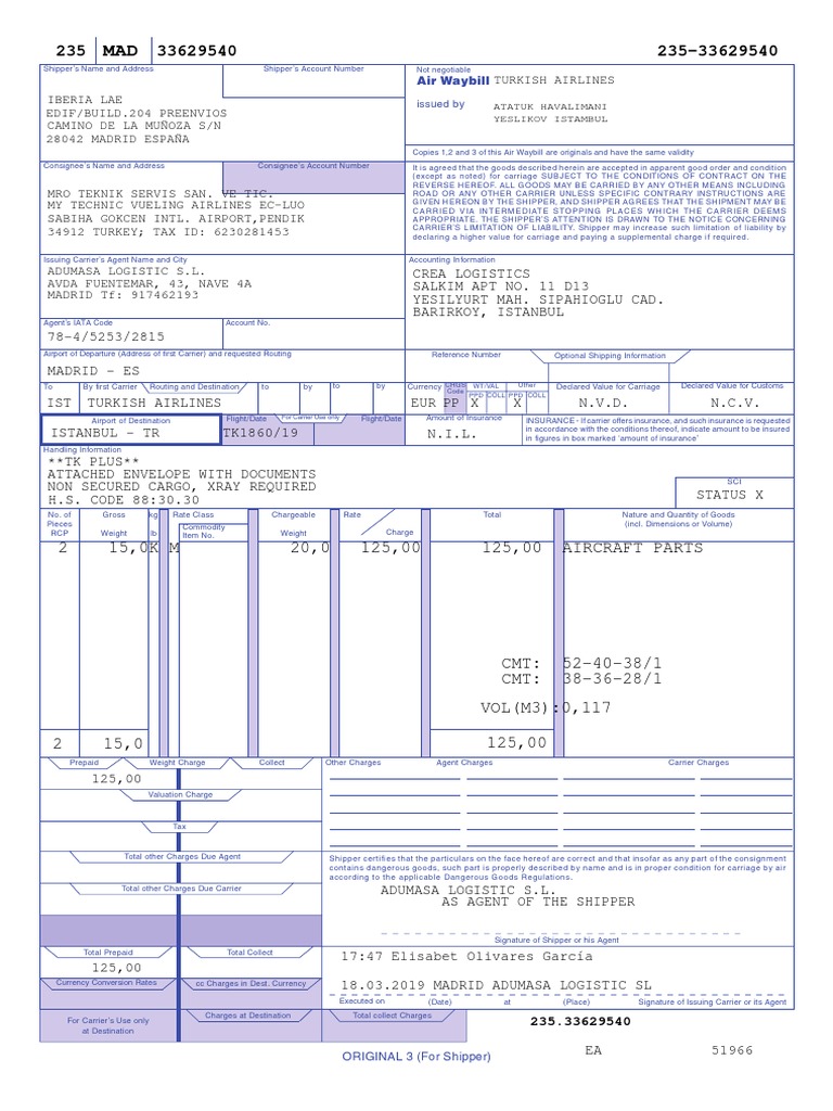 AWB 235-33629540 Shipping Docs PDF | PDF | Service Industries | Trade