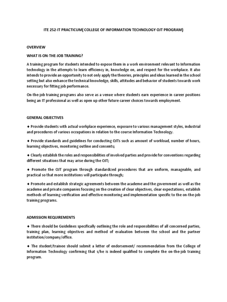 Ite 252-It Practicum (College of Information Technology Ojt Program) | PDF | Evaluation | Business
