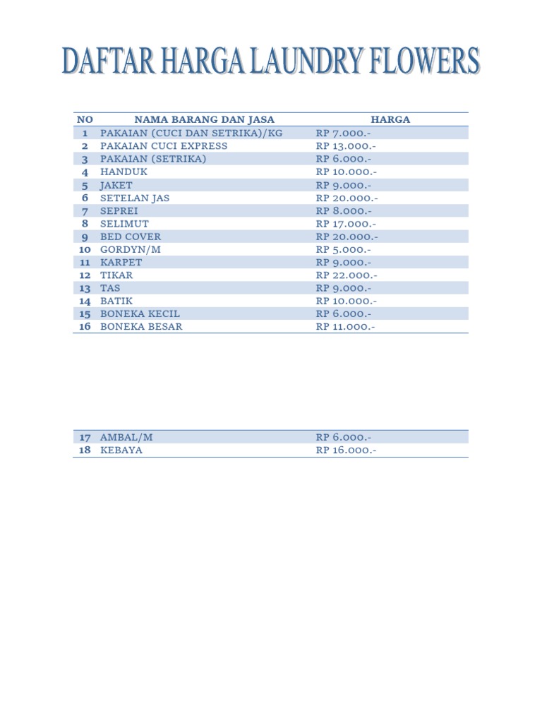 Daftar Harga Laundry | PDF