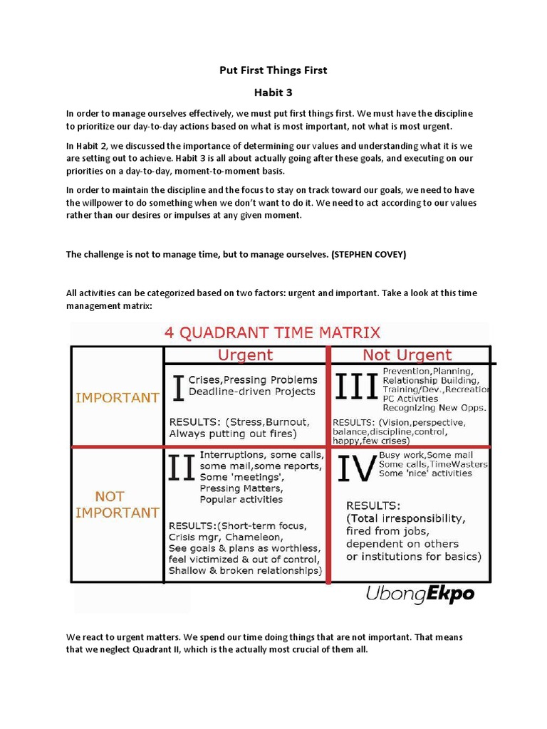 Put First Things First Habit 3: The Challenge Is Not To Manage Time ...