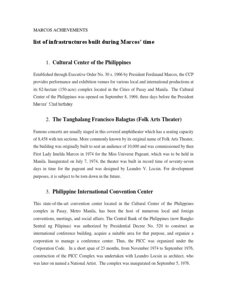 List of Infrastructures Built During Marcos' Time: 1. Cultural Center ...