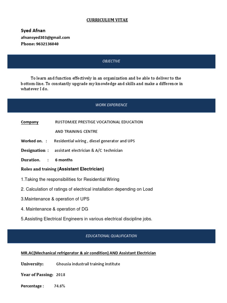 Assistant Electrician CV - Syed Afnan | PDF