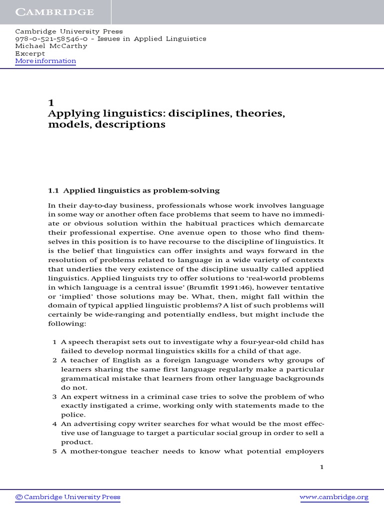 1 Applying Linguistics: Disciplines, Theories, Models, Descriptions ...