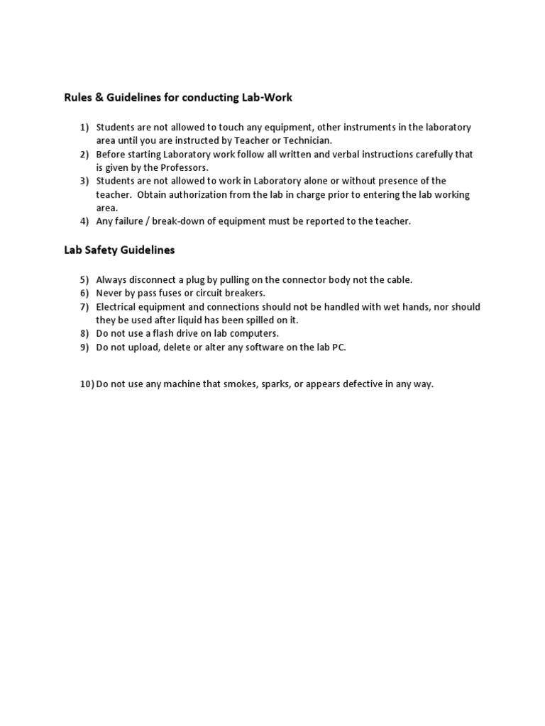 Lab Work Safety Rules and Guidelines | PDF