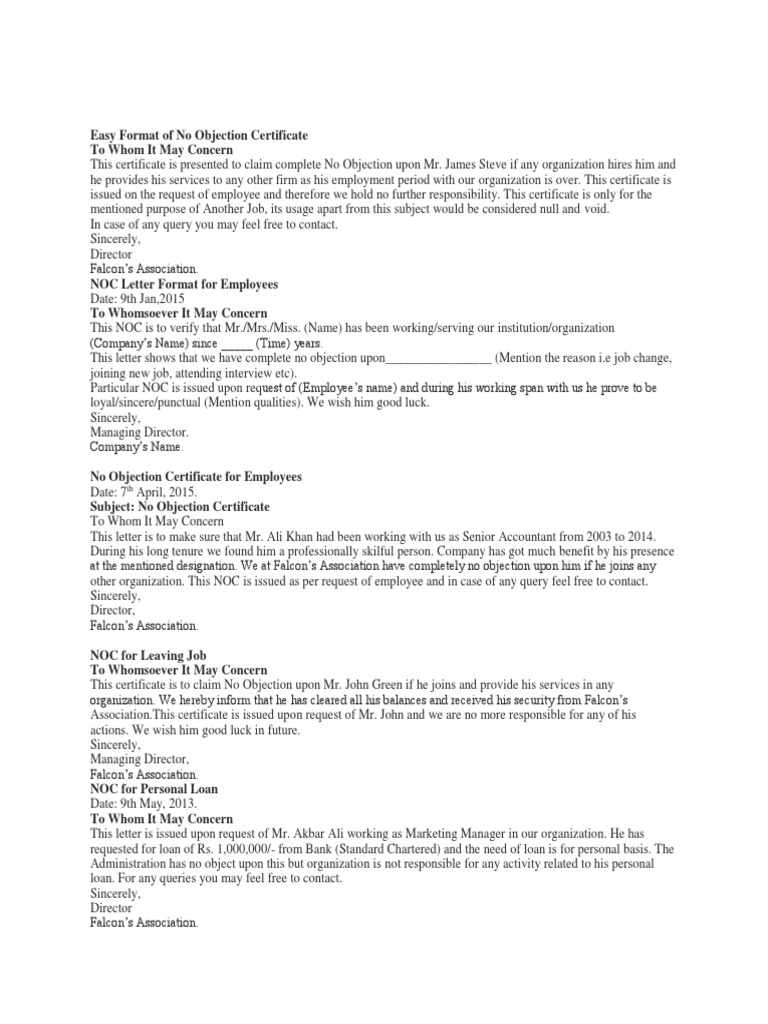 Easy Format of No Objection Certificate | PDF | Human Resources | Business