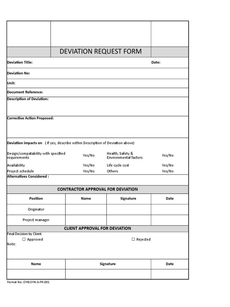 Deviation Request Form Contractor Approval For Deviation Pdf