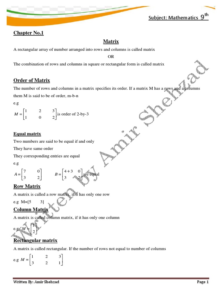 Chapter No.1 Matrix: Subject: Mathematics | PDF | Triangle | Equations