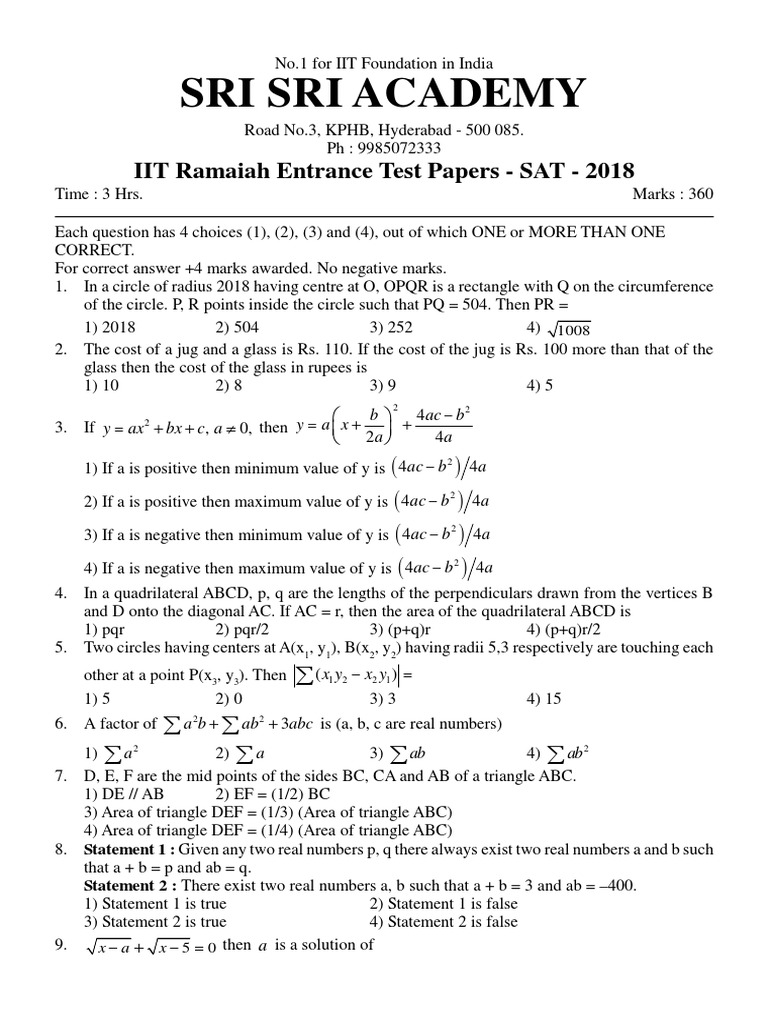 IIT Ramaiah Entrance Test Papers - SAT - 2018 | PDF | Buoyancy | Lens ...