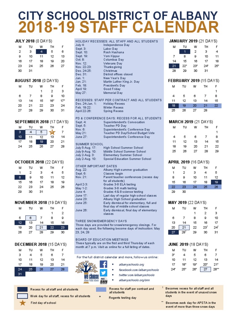 2018-19 Staff Calendar: City School District of Albany | PDF | Rosh ...