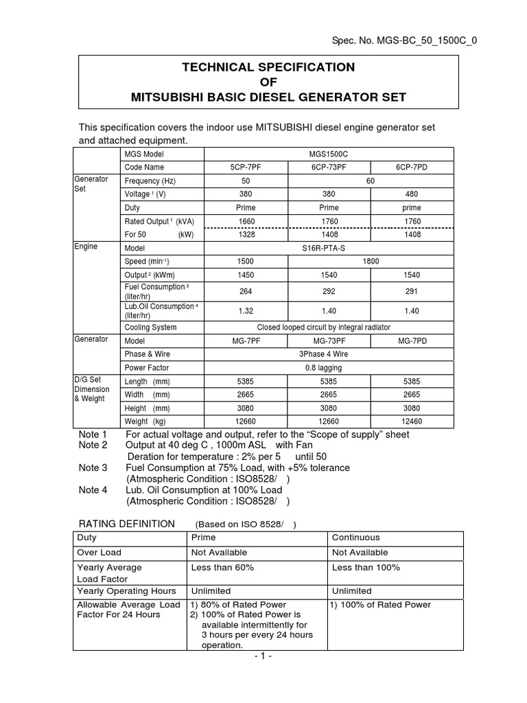 Technical Specification OF Mitsubishi Basic Diesel Generator Set | PDF ...