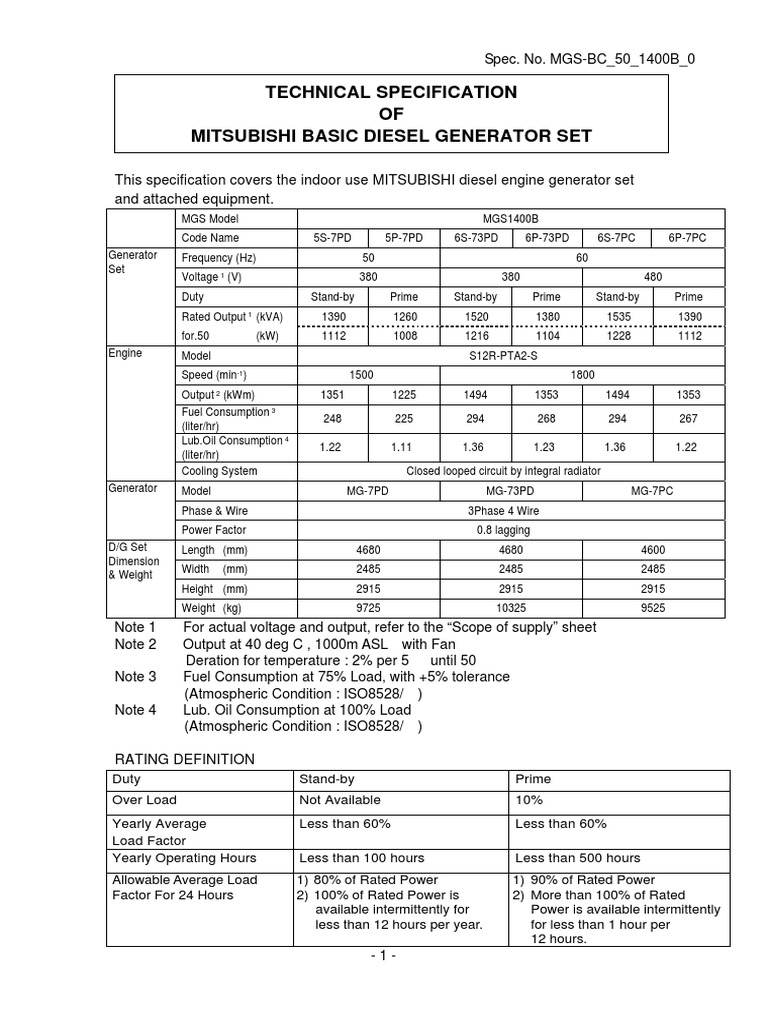 Technical Specification OF Mitsubishi Basic Diesel Generator Set | PDF ...