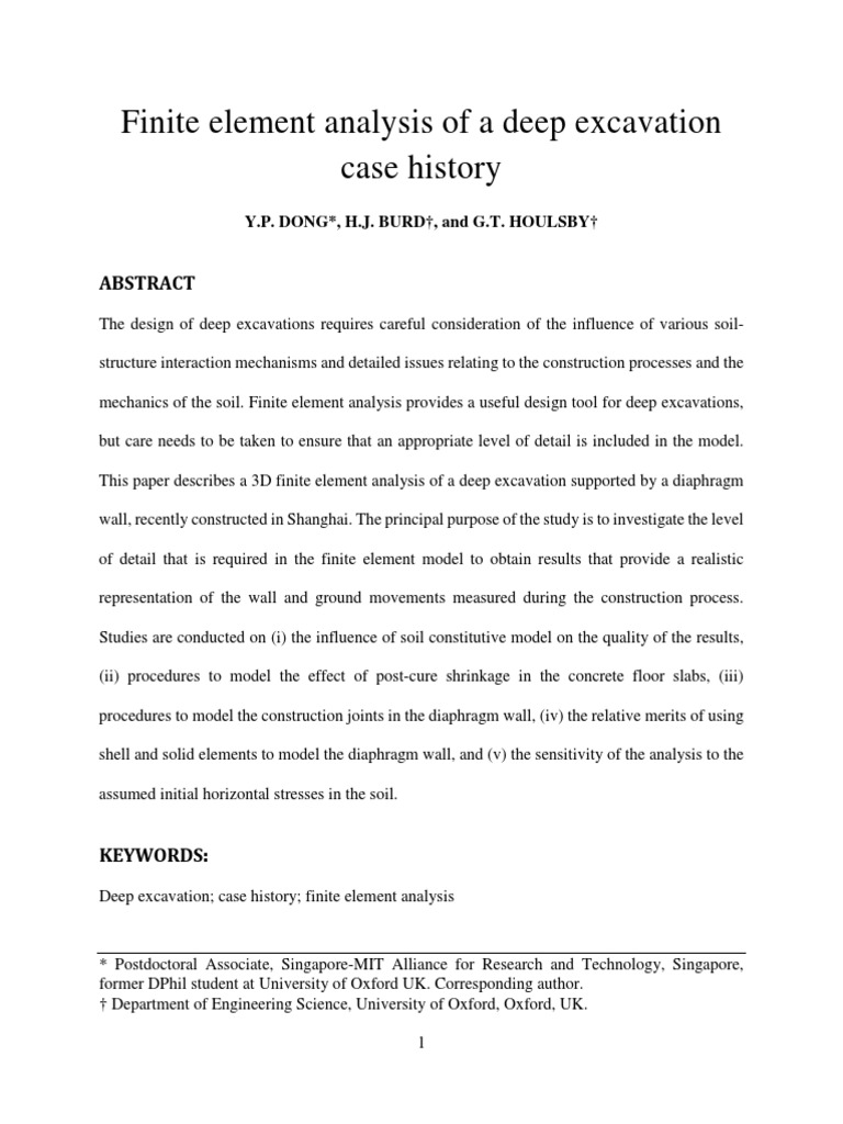 Finite Element Analysis of A Deep Excavation Case History: Y.P. DONG, H.J. BURD, and G.T ...