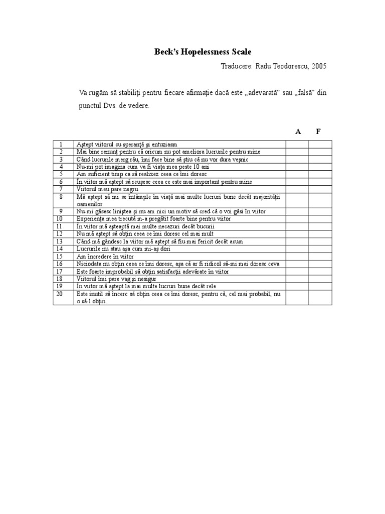 Beck's Hopelessness Scale Fara Punctaj | PDF