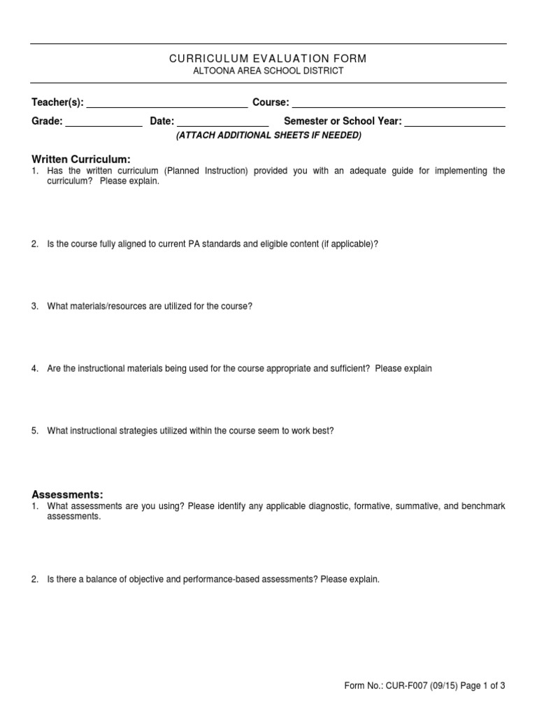 CUR-F007 Curriculum Evaluation Form | PDF