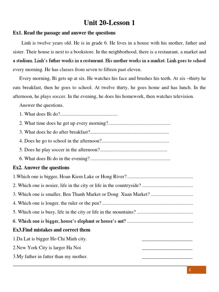 Unit 20-Lesson 1: Ex1. Read The Passage and Answer The Questions | PDF ...