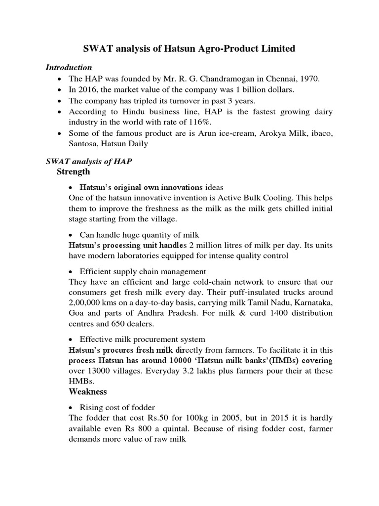SWAT Analysis of Hatsun Agro | PDF | Milk | Demand