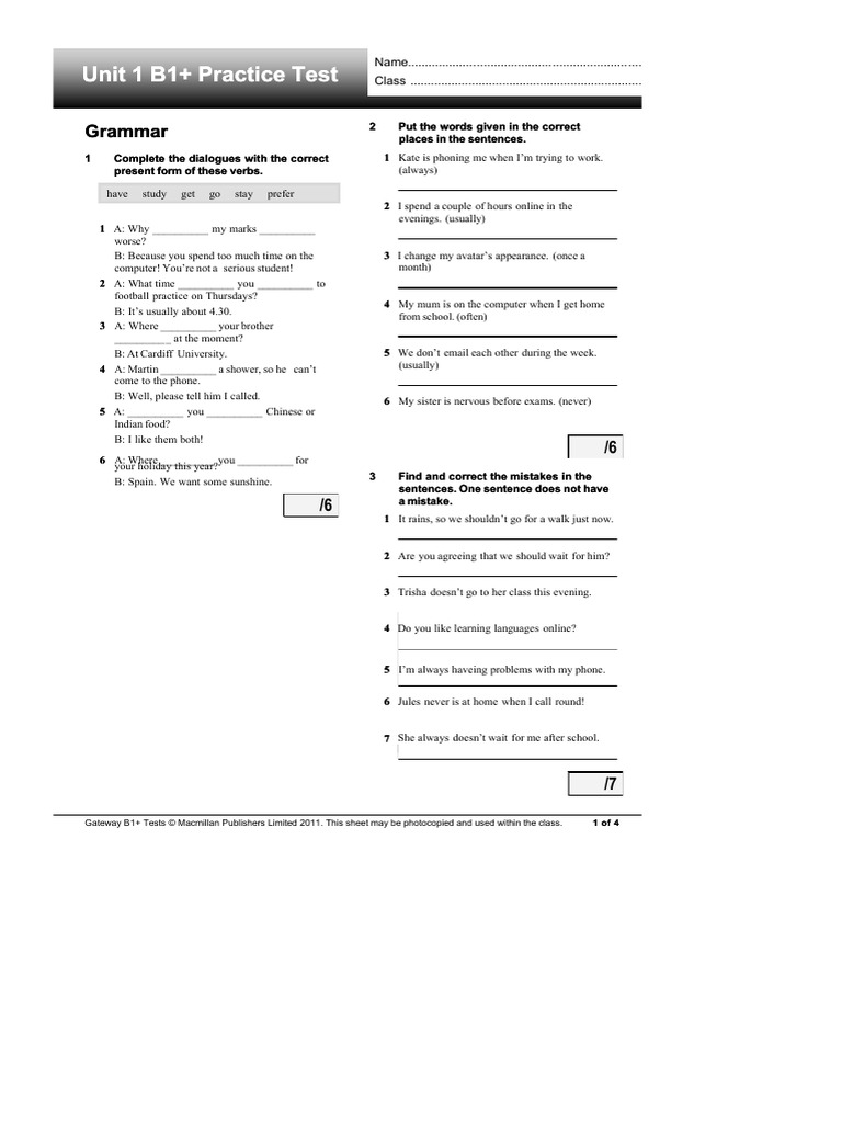 Unit 1 B1+ Practice Test Unit 1 B1+ Practice Test: Grammar Grammar | PDF