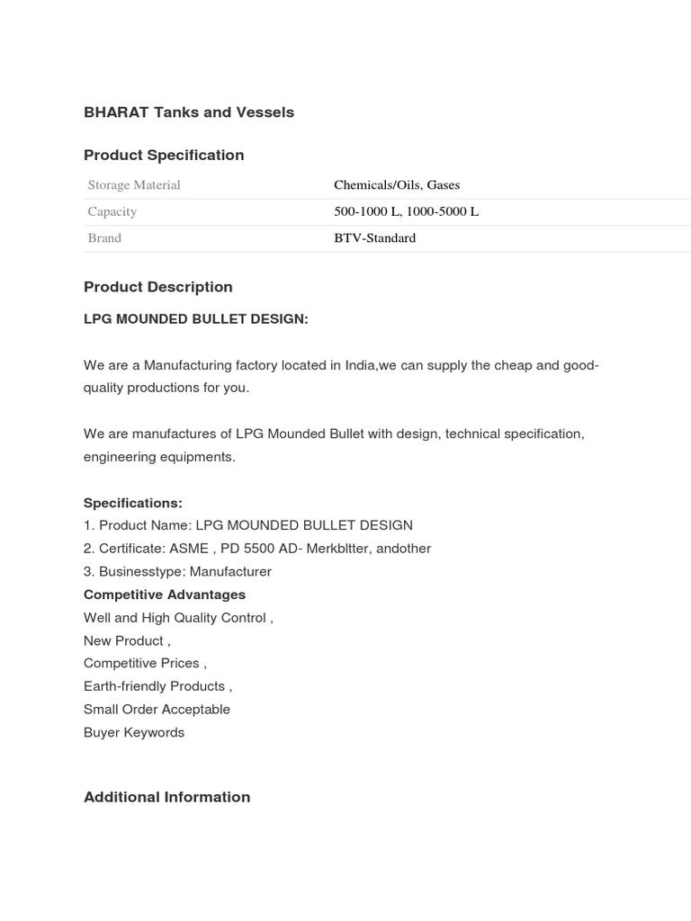 Product Specification Mounded LPG Bullet | PDF | Liquefied Petroleum ...