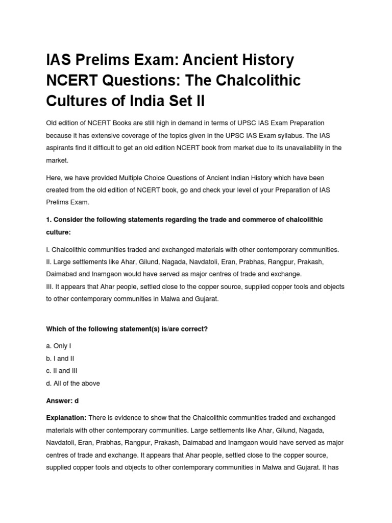 Ancient History NCERT Questions The Chalcolithic Cultures of India Set ...
