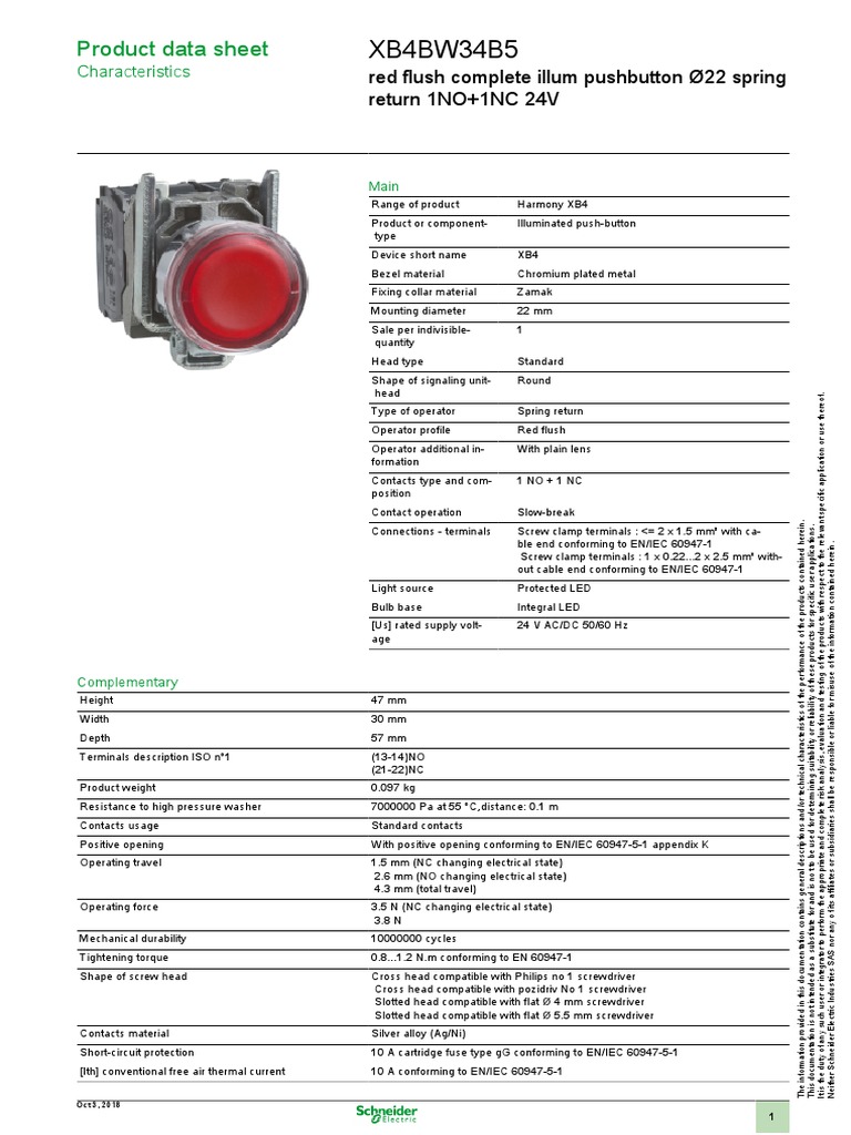 XB4BW34B5 Push Button | PDF | Electrical Components | Physical Quantities