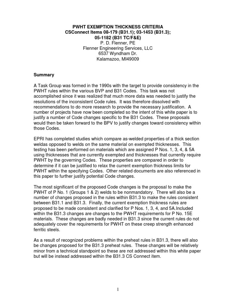 PWHT Exemption Thickness Criteria Csconnect Items 08-179 (B31.1) 03 ...