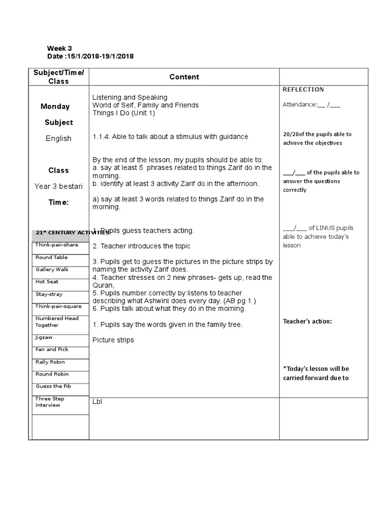 Subject/Time/ Class Content: English | PDF | English Language | Human ...