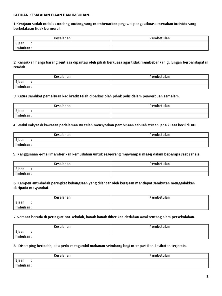 Latihan Kesalahan Ejaan Dan Imbuhan 1 | PDF