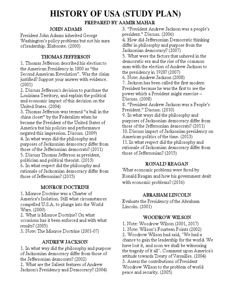 USA History (Study Plan) | PDF | The United States | Thomas Jefferson