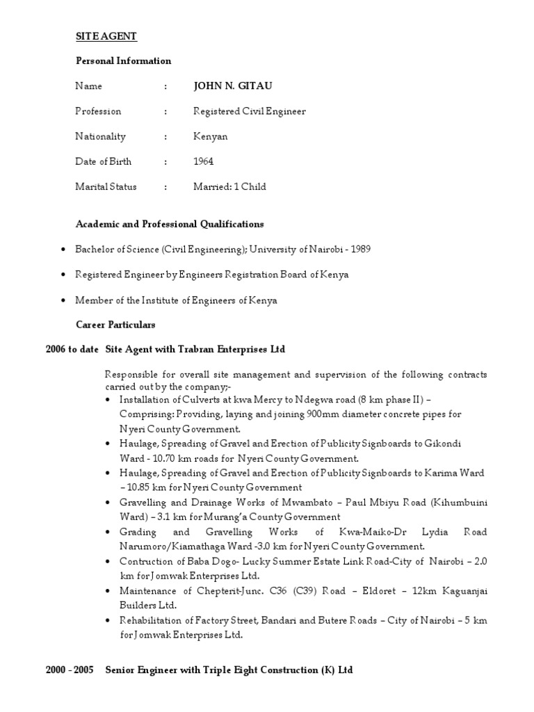 John Gitau Site Agent Gathinga Cont | PDF | Nairobi | Civil Engineering