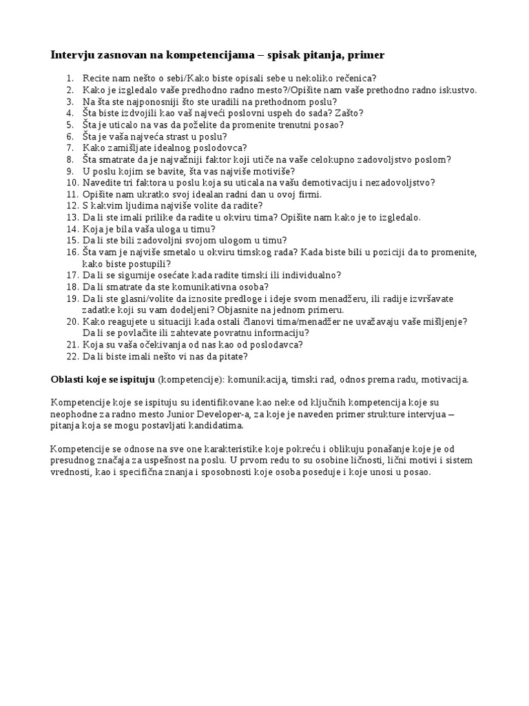 Primer Pitanja Za Intervju Zasnovan Na Kompetencijama | PDF