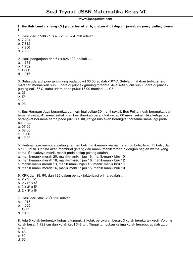 Soal Tryout USBN Matematika Kelas 6 SD-MI PDF | PDF