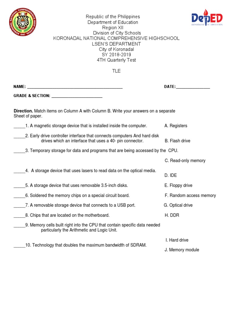 Koronadal National Comprehensive High School Special Education Department 4th Quarterly Exam ...