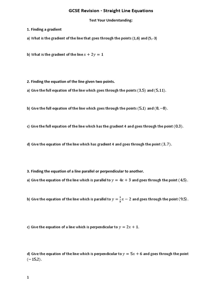 GCSE Revision - Straight Line Equations: Test Your Understanding: 1 ...